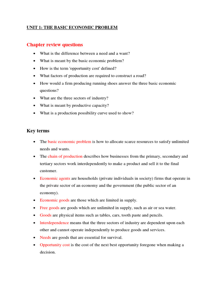 Unit 1 The Basic Economic Problem | PDF | Entrepreneurship | Labour ...