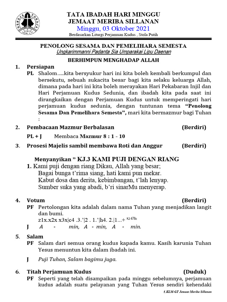 Ibadah Perjamuan Kudus Jemaat Meriba | PDF