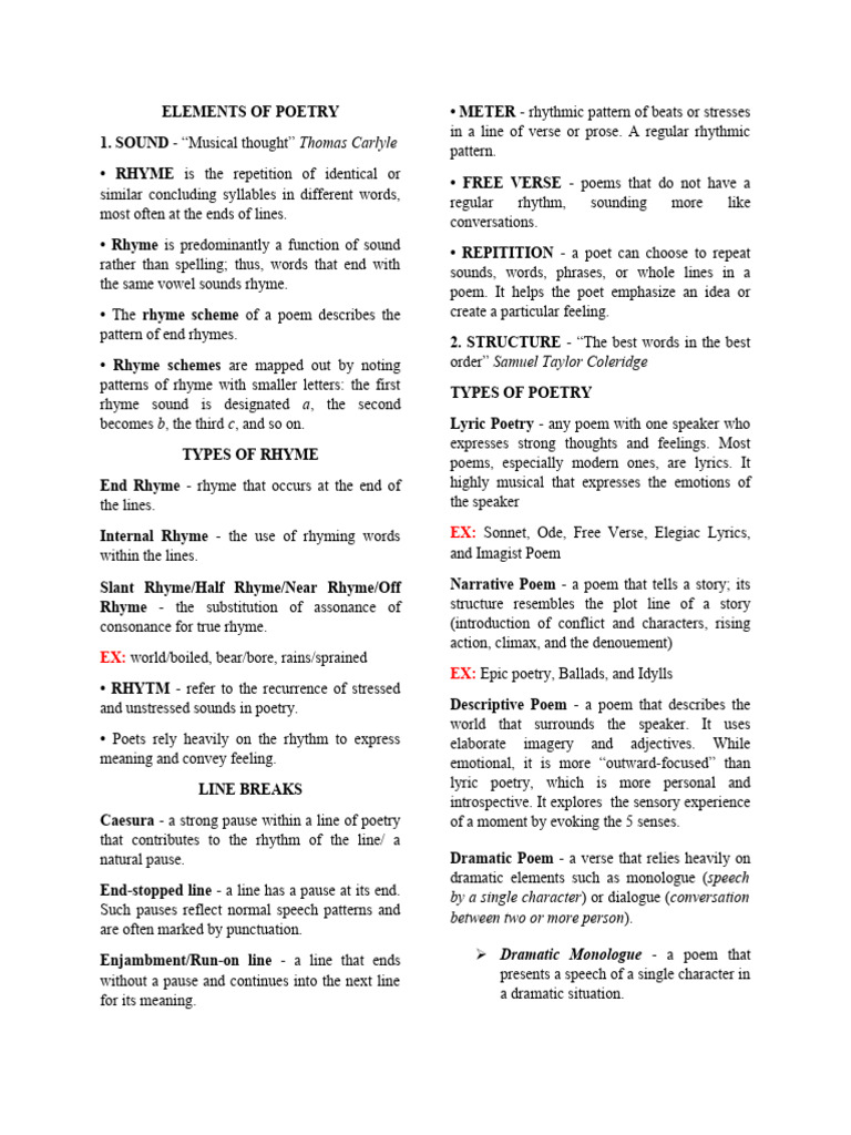 HUMSS 2 - Elements of Poetry | PDF | Poetry | Rhyme