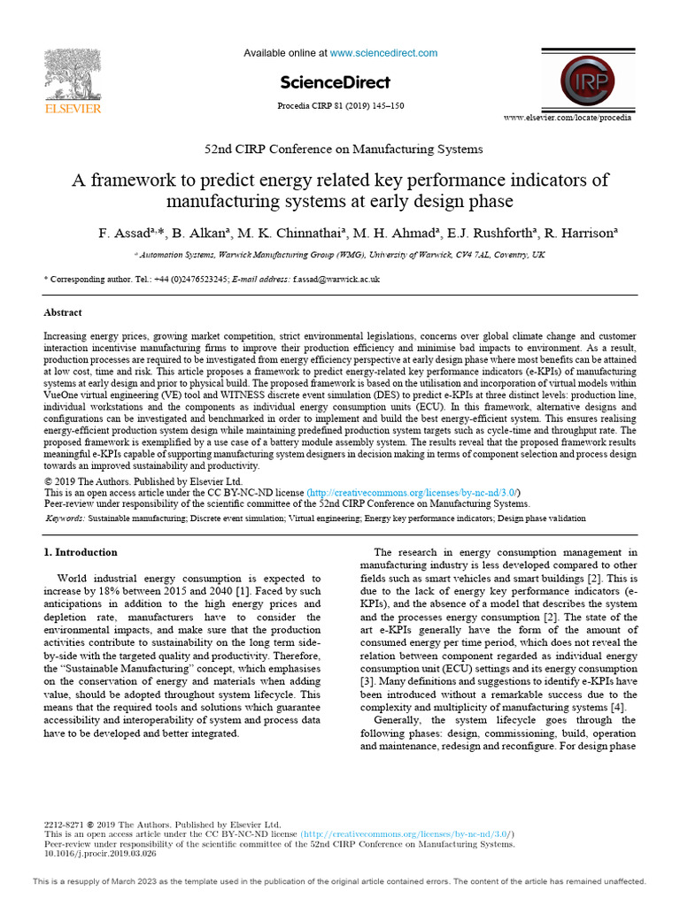 A Framework To Predict Energy Related Key Performance Indicators of Manufacturing Systems at ...