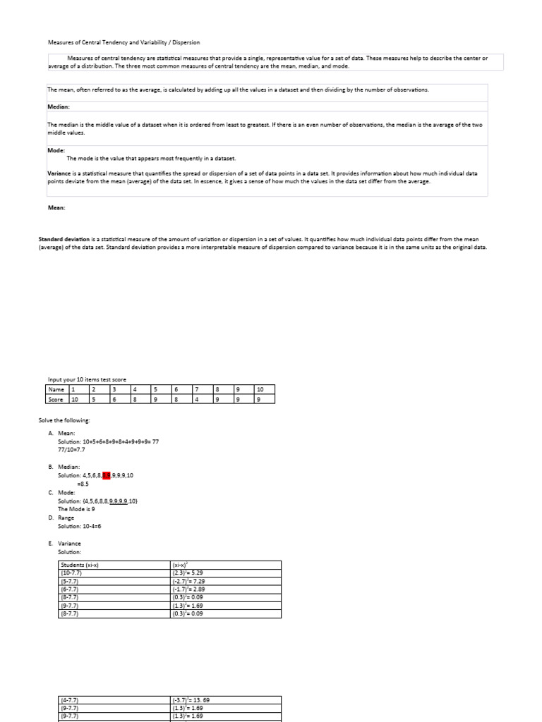 Measures of Central Tendency and Variability | PDF | Mean | Skewness