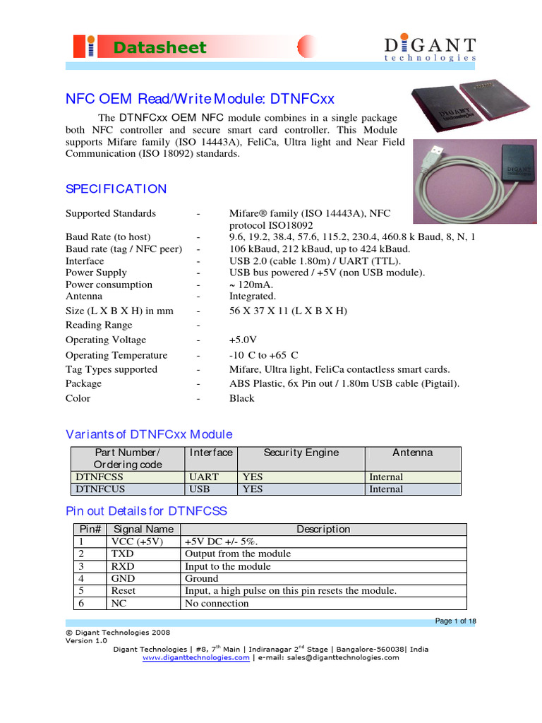 DIGANT NFC Reader DTNFCXX Datasheet and Specification | PDF | Parameter (Computer Programming ...