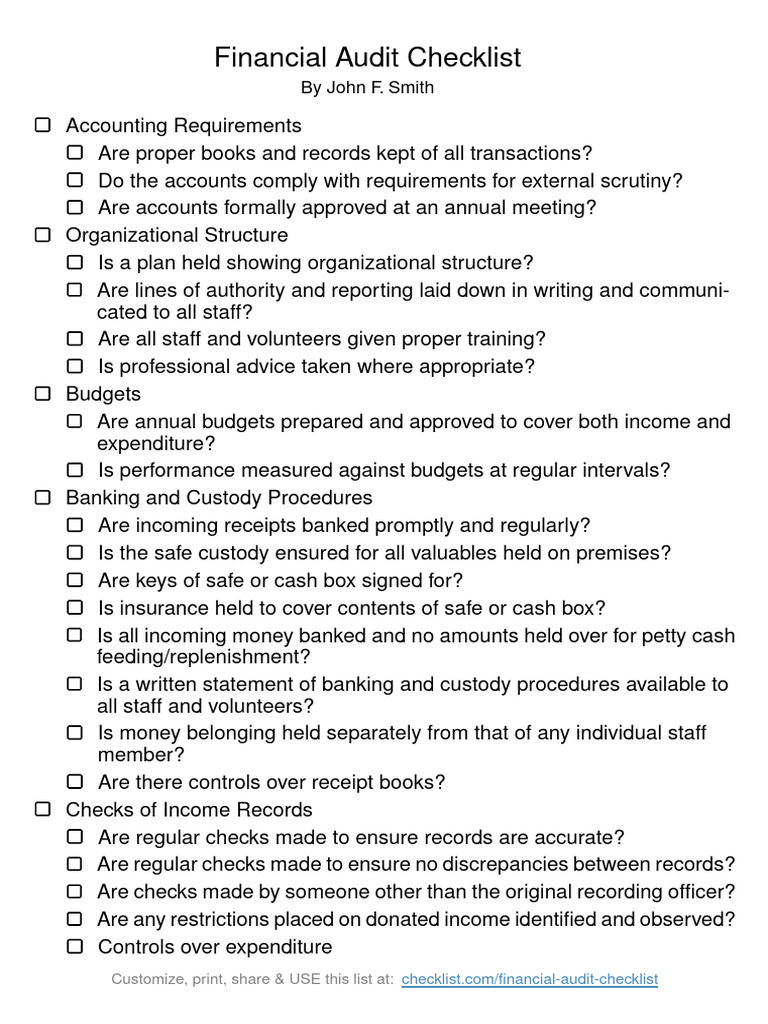 Comprehensive Financial Audit Checklist | PDF | Financial Audit | Cash