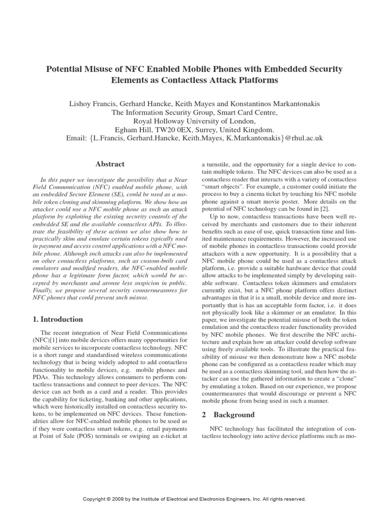 Potential Misuse of NFC Enabled Mobile Phones With Embedded Security Elements As Contactless ...