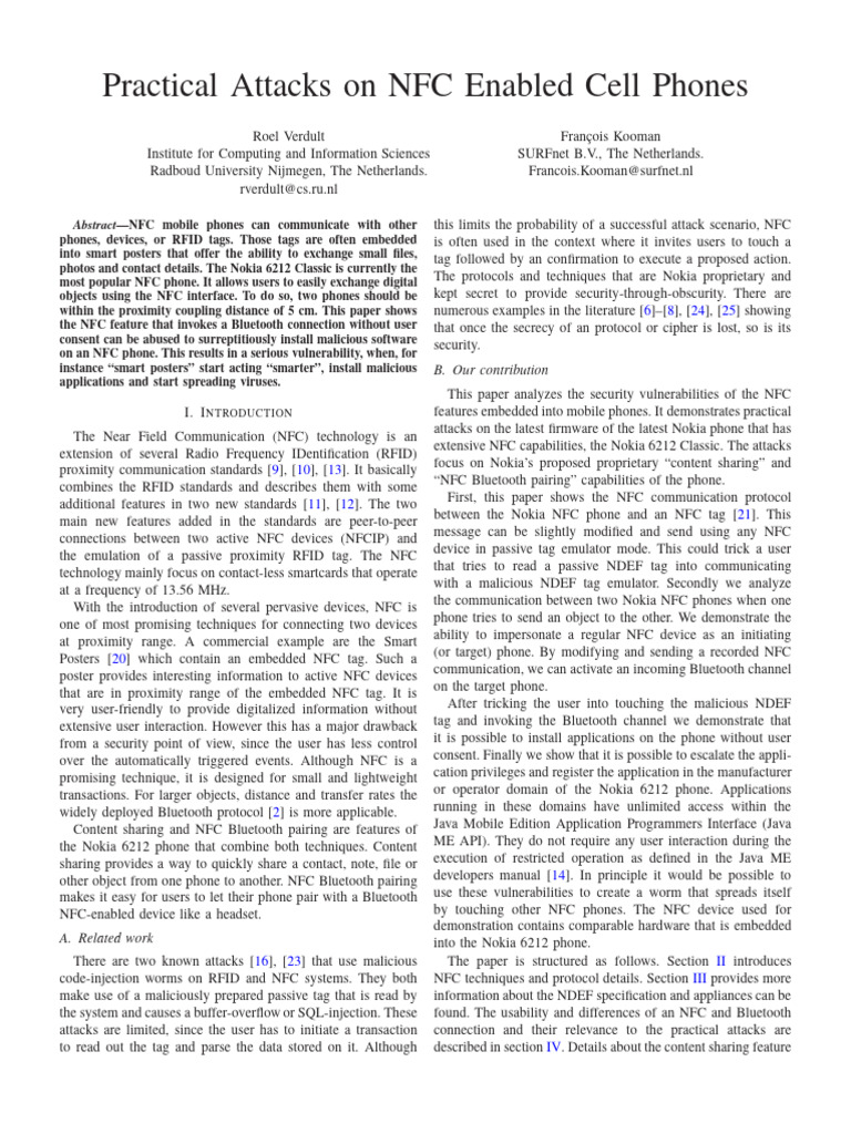 Practical Attacks On NFC Enabled Cell phones-NFC 2011 | PDF | Bluetooth | Telephone