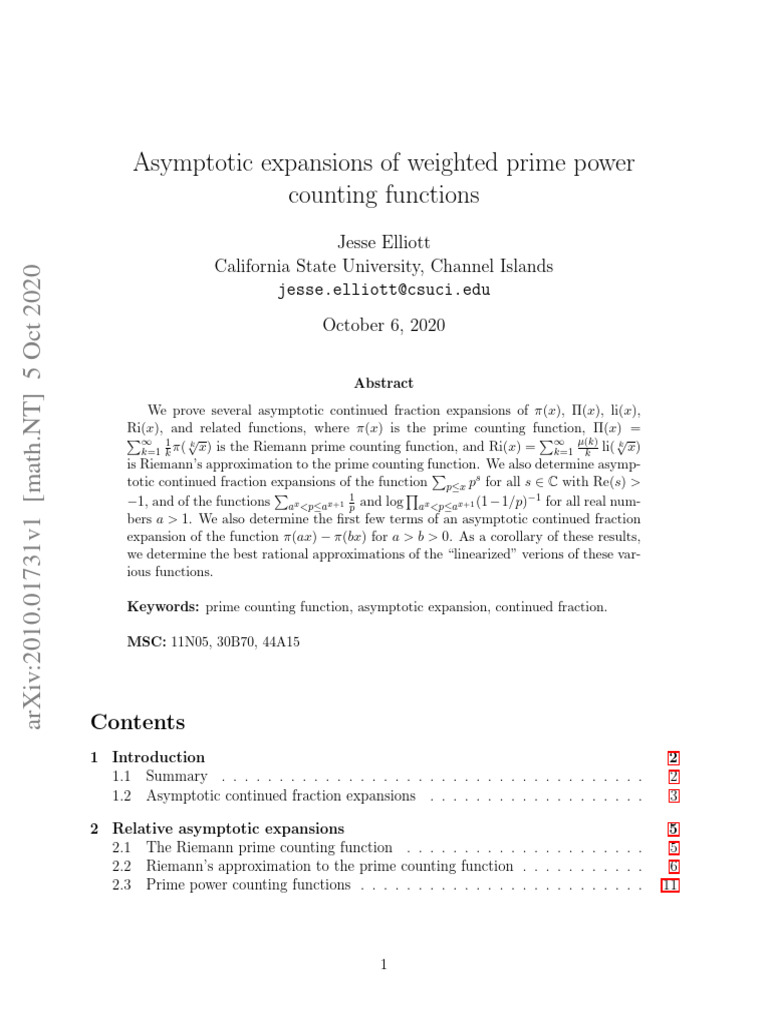 Asymptotic Expansions of Weighted Prime Power Counting Primes | PDF | Complex Analysis ...