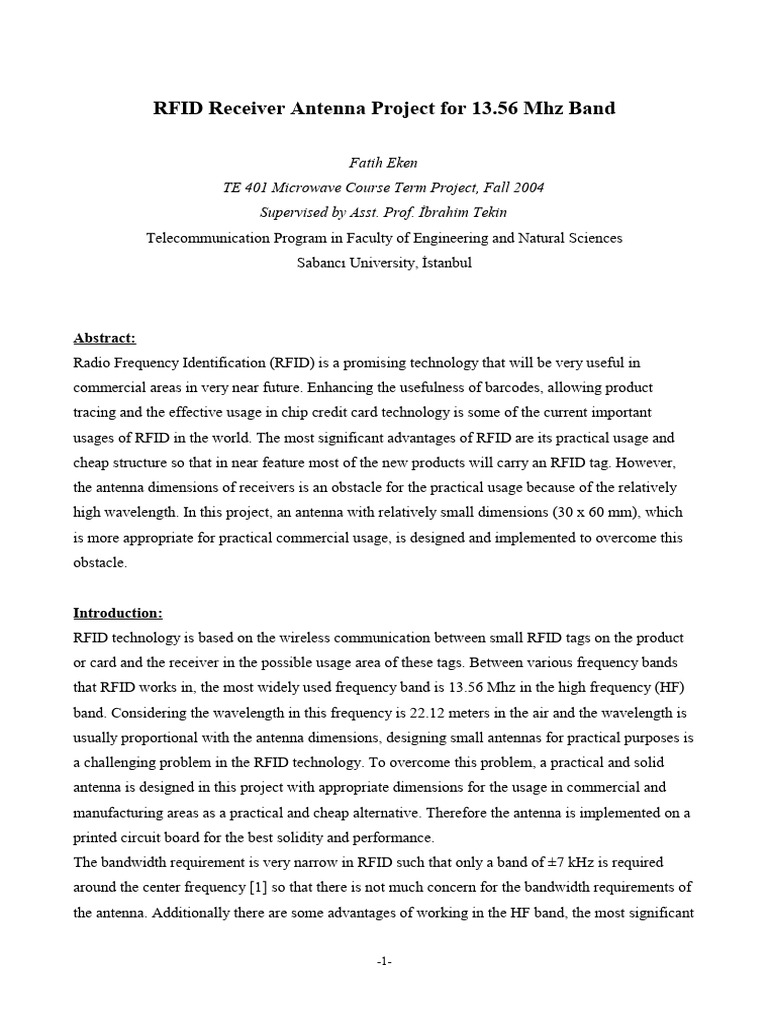 RFID Receiver Antenna Project For 13.56 MHZ Band | PDF | Antenna (Radio ...