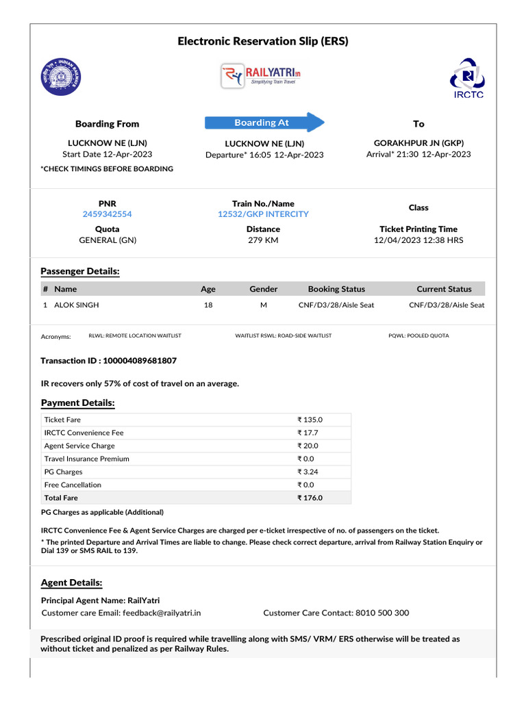 Lucknow to Gorakhpur Train Ticket Details | PDF | Identity Document