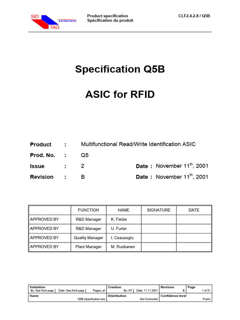 Specification Q5B Asic For Rfid | PDF | Modulation | Bit