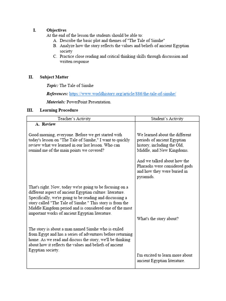 Lesson Plan: The Tale of Sinuhe | PDF | Ancient Egypt