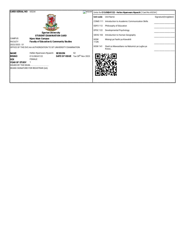 Egerton Univ Exam Card 2023 | PDF