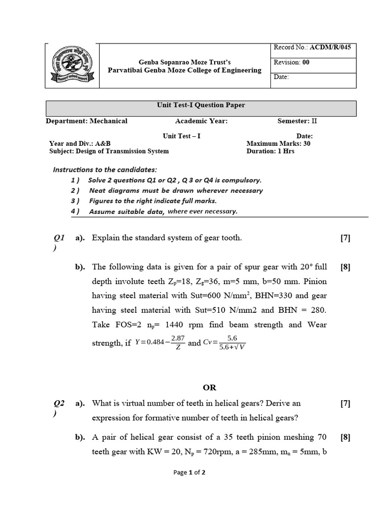 Insem Test QP - DTS | PDF | Gear | Physical Sciences