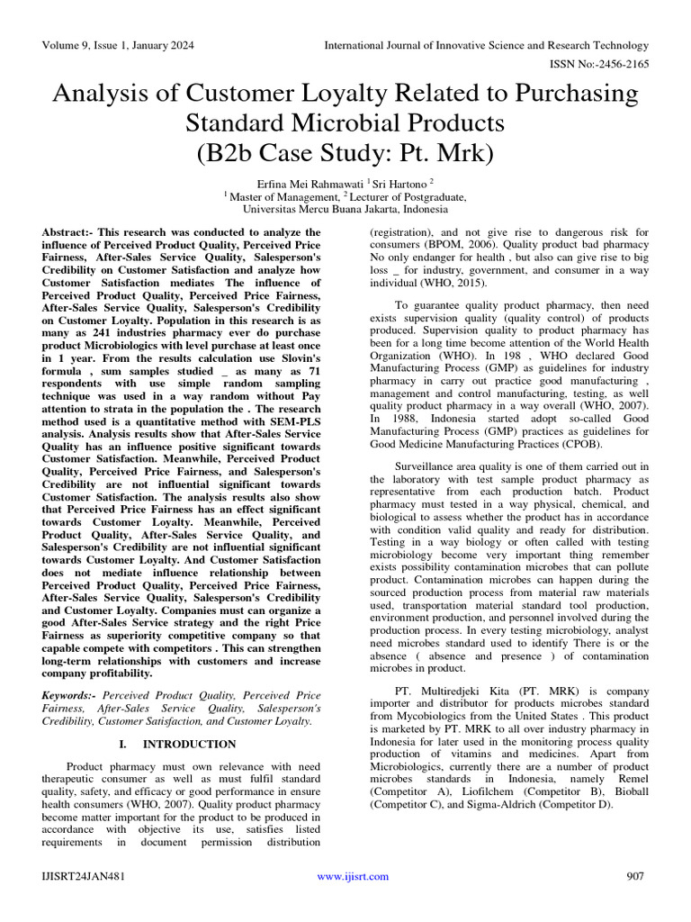 Analysis of Customer Loyalty Related To Purchasing Standard Microbial Products (B2b Case Study ...