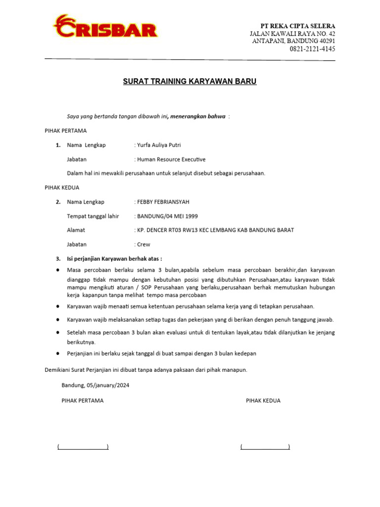 Surat Training Karyawan Baru 2022 | PDF