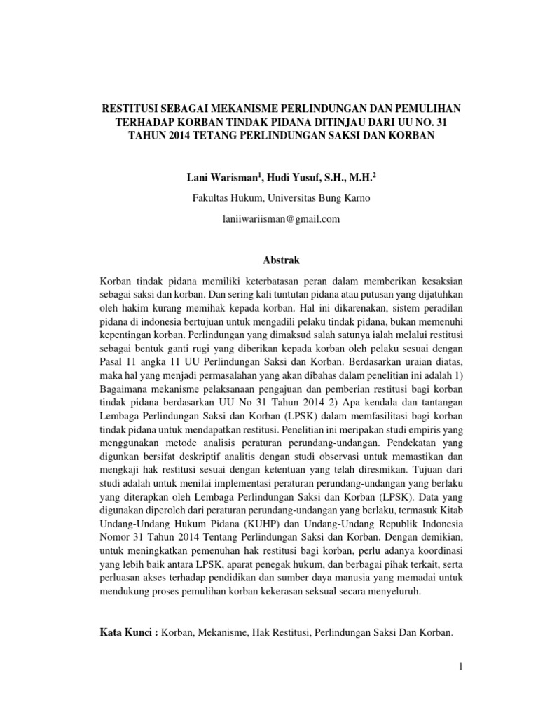 Jurnal Pribadi Lani Warisman - Restitusi Sebagai Mekanisme Perlindungan Dan Pemulihan Terhadap ...