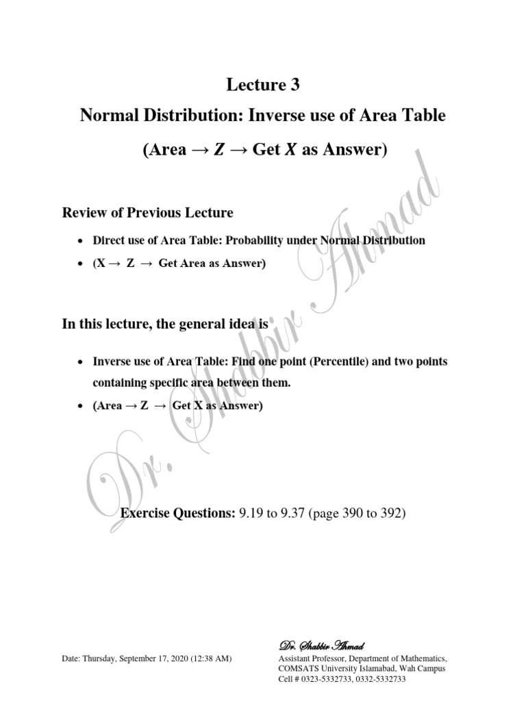 Lec-3 (Inverse Use of Area Table (Area Z Get X As Answer) - MTH264 | PDF | Equations | Percentile