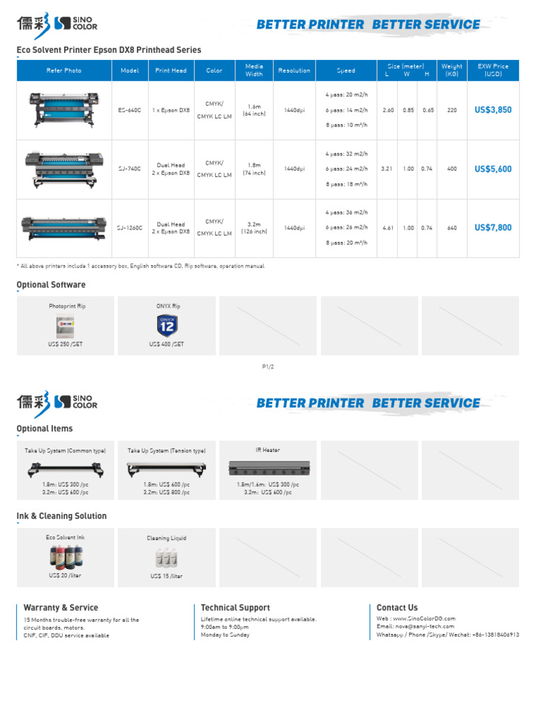 Price List - Sinocolor ES640C SJ740C, SJ1260C Eco Solvent Printer | Download Free PDF | Printer ...