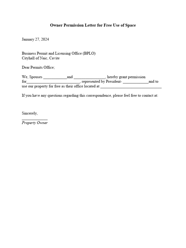 Owner Permission Letter For Free Use Space | PDF
