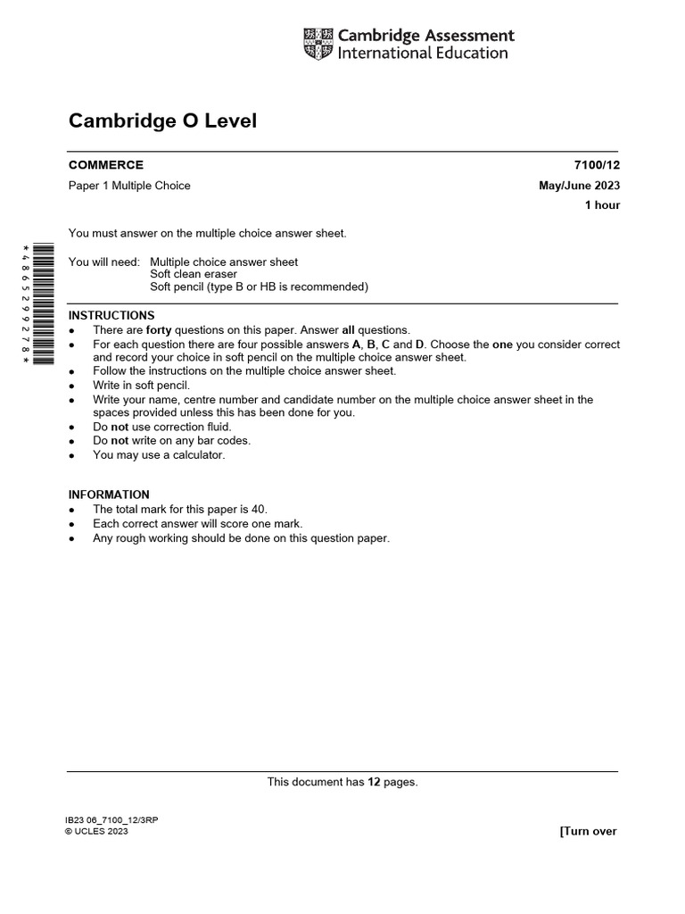 Cambridge O Level: Commerce 7100/12 | PDF | Insurance | Profit (Economics)