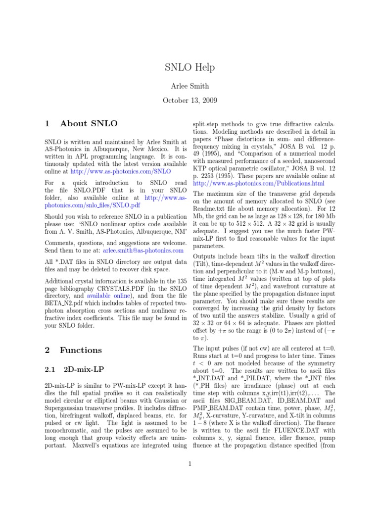 SNLO Help | PDF | Nonlinear Optics | Dispersion (Optics)
