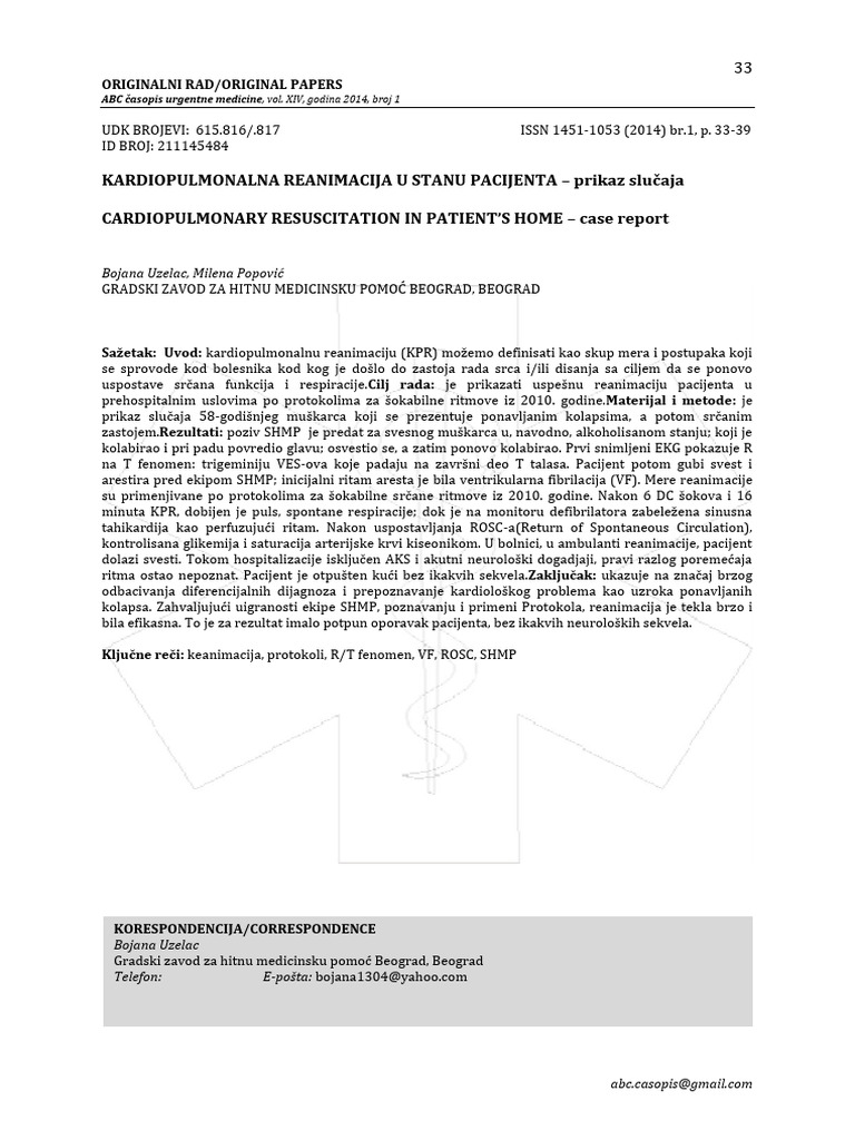 Kardiopulmonalna Reanimacija U Stanu Pacijenta - Prikaz Slučaja ...