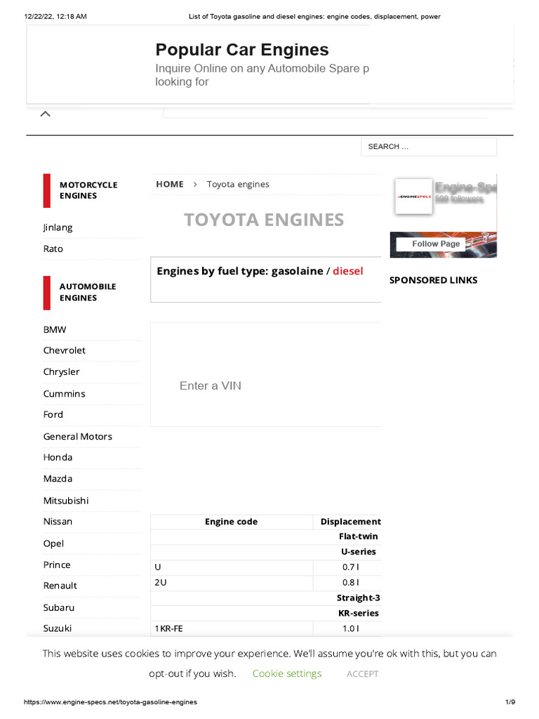 List of Toyota Gasoline and Diesel Engines - Engine Codes, Displacement, Power | PDF | Car ...
