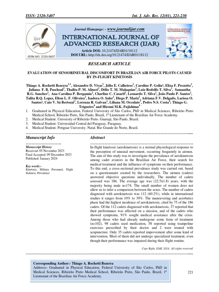Evaluation of Sensorineural Discomfort in Brazilian Air Force Pilots ...