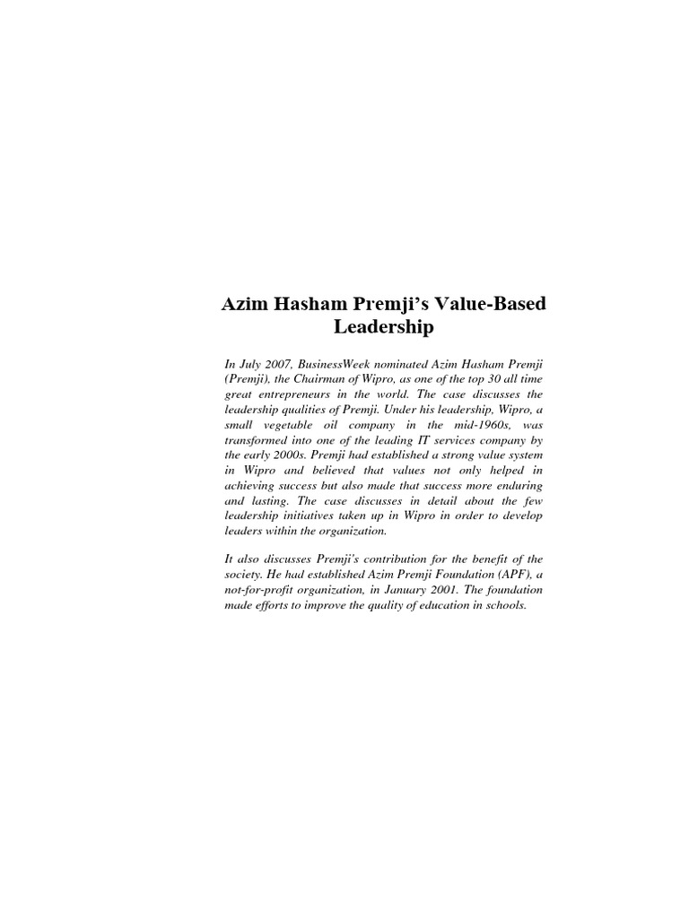 Case 3 - Azim Hasham Premjis Value-Based Leadership | PDF | Outsourcing ...