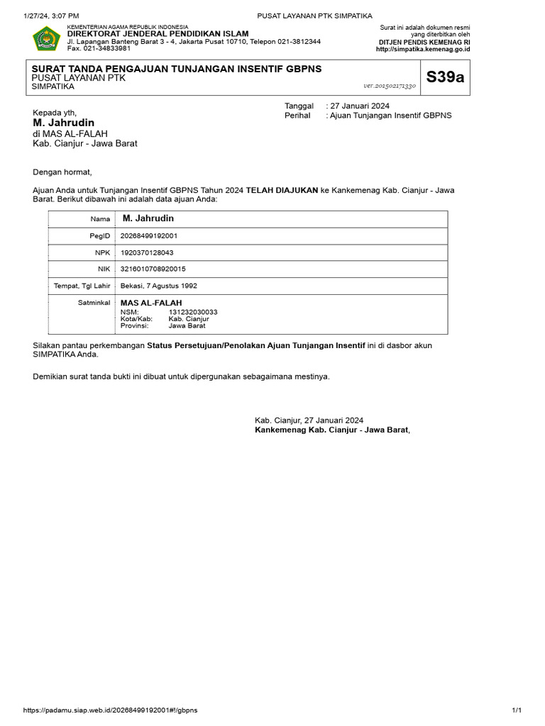 S39a Pengajuan Insentif M. Jahrudin 2024 | PDF