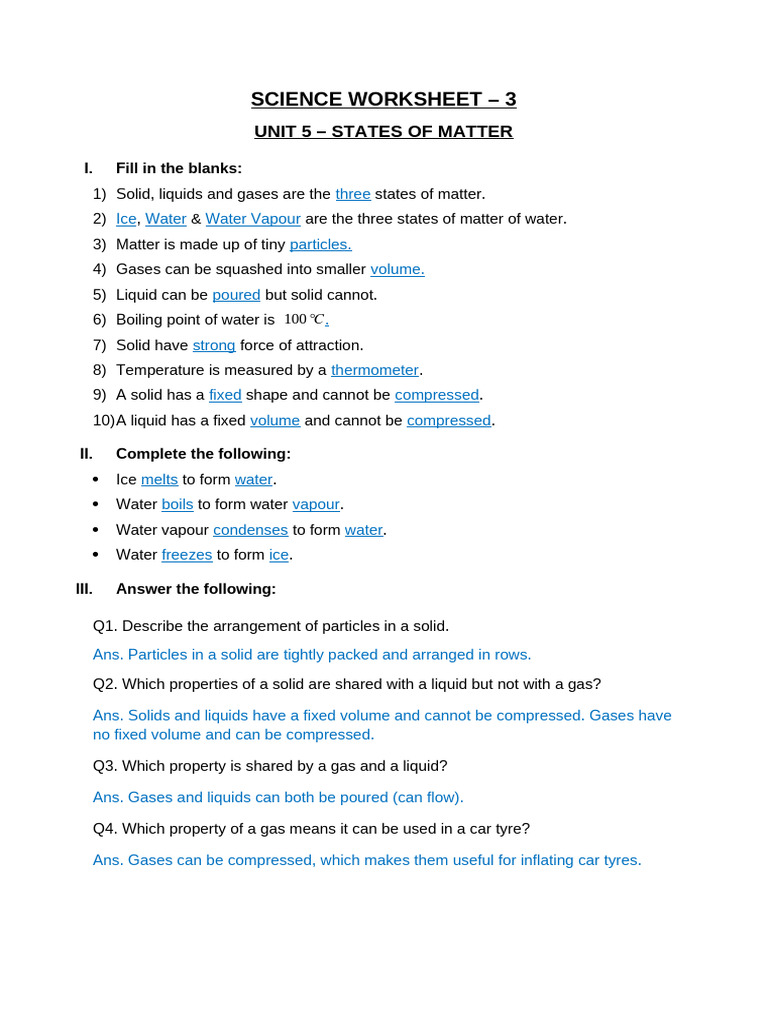 Science Worksheet 3 - Unit 5 - Answer Key | PDF