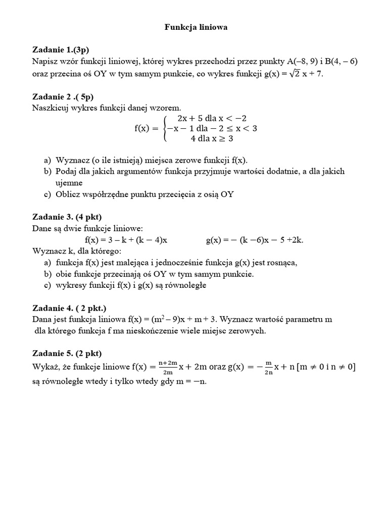 Funkcja Liniowa - Sprawdzian | PDF