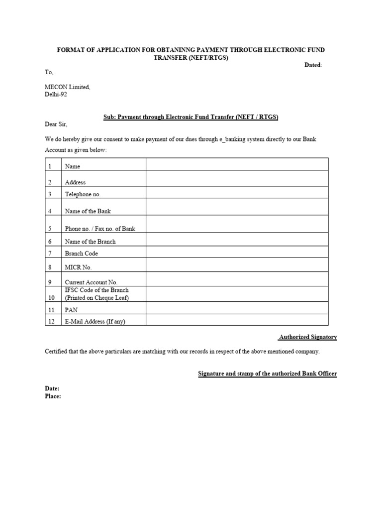 NEFT/RTGS Payment Application Form | PDF
