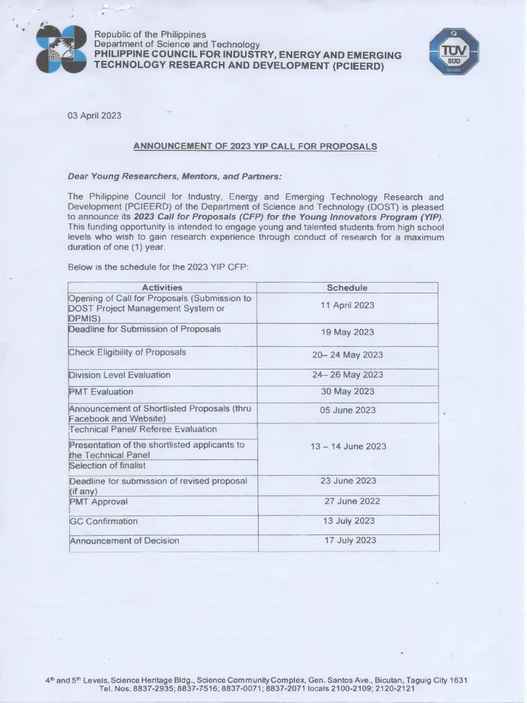 Dost Announcement of 2013 Yip Call For Proposals | PDF