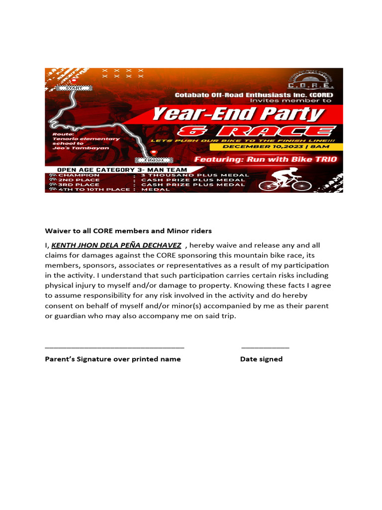 Waiver To All CORE Members and Minor Riders 1 | PDF | Ethical ...