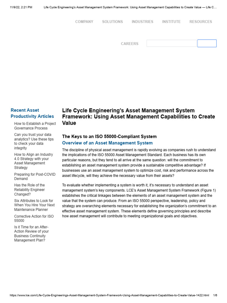 Life Cycle Engineering's Asset Management System Framework - Using Asset Management Capabilities ...
