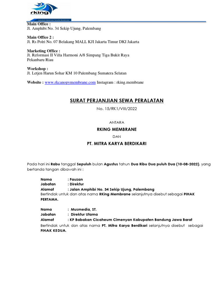 Surat Perjanjian Sewa - BKT | PDF