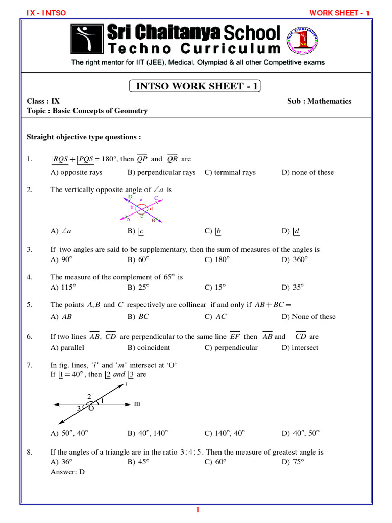 9 - Class INTSO Work Sheet - 1 - Basic Concepts of Geometry | PDF | Line (Geometry) | Angle