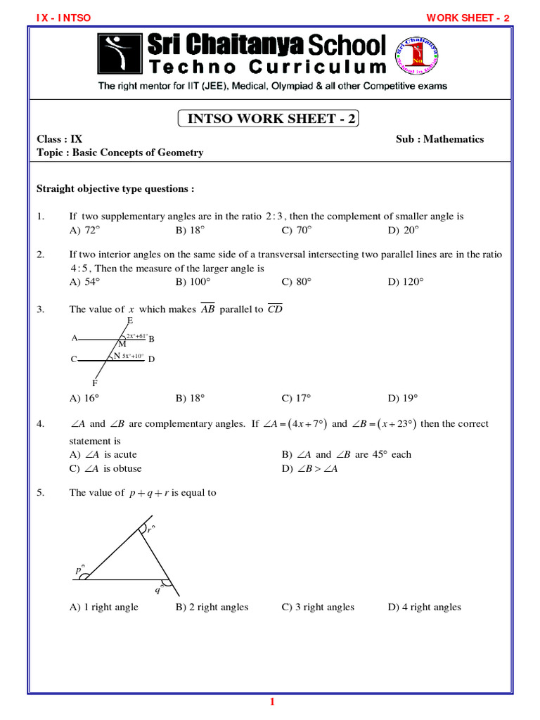 9 - Class INTSO Work Sheet - 2 - Basic Concepts of Geometry | PDF