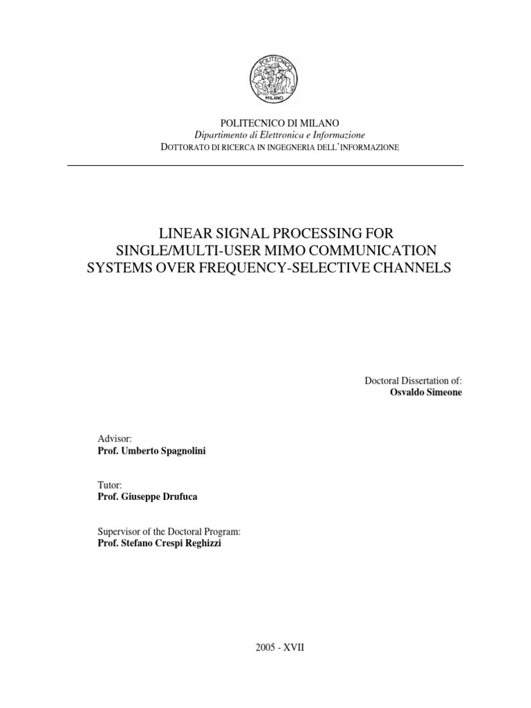 Linear Signal Processing For Single and Multi-User Mimo Communication (Osvaldo Simeone Disse.) | PDF