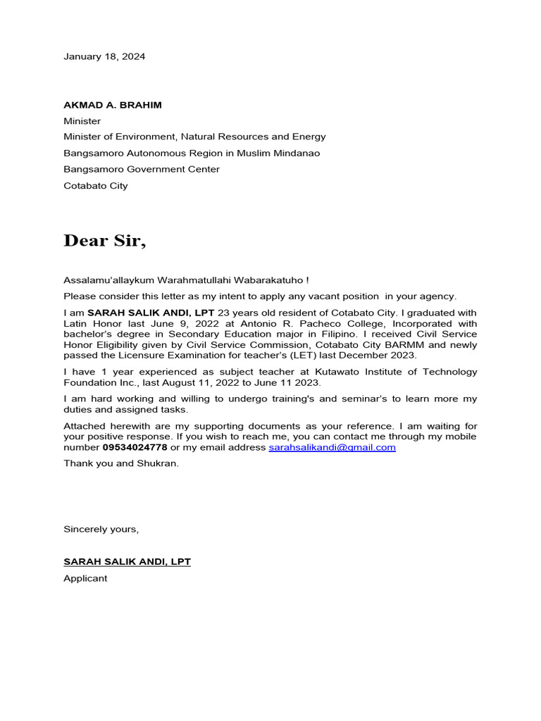 Barmm-Application Letter | PDF