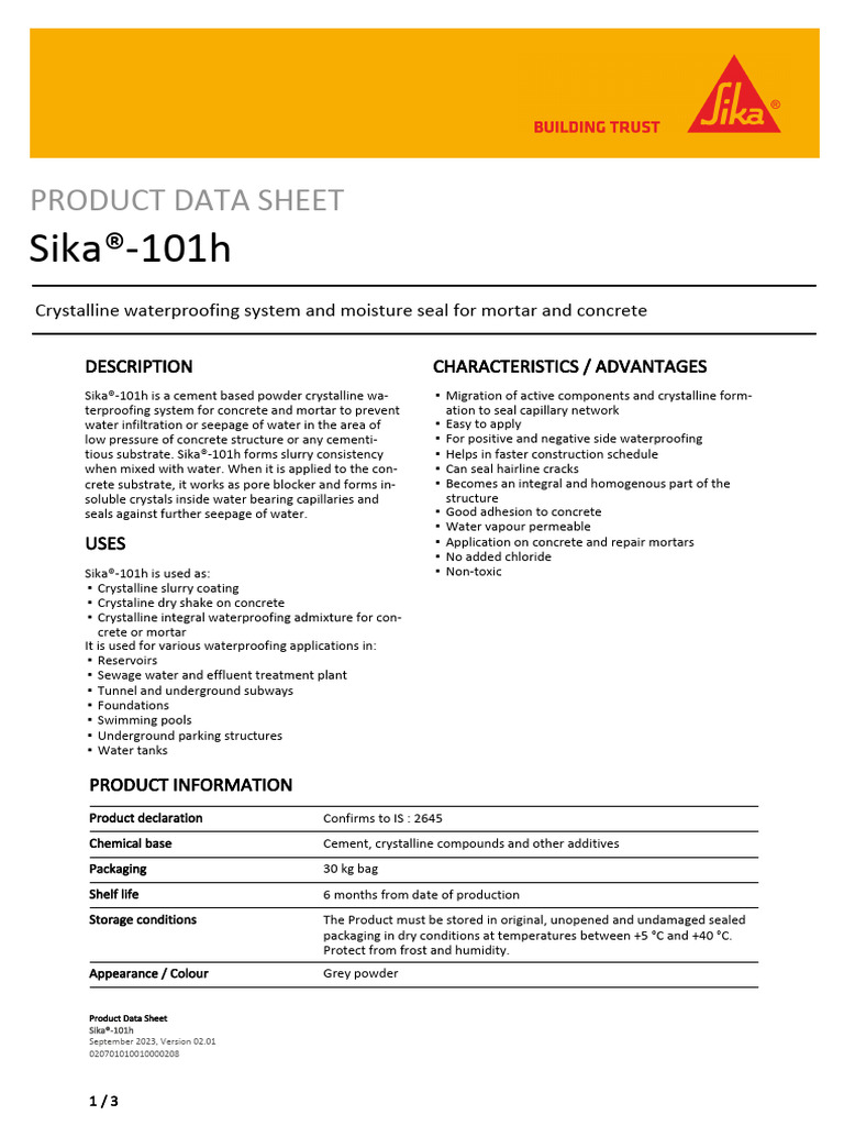 PDS Sika 101h en IN 09 2023 2 1 | PDF | Concrete | Water