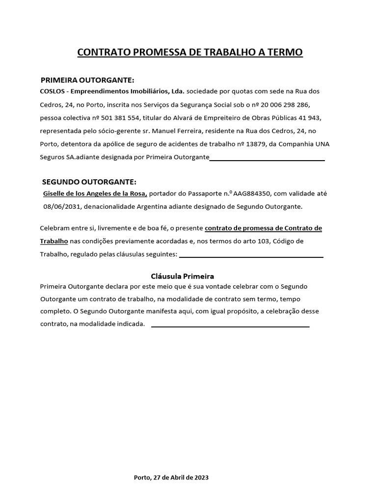 Promessa de Trabalho | PDF | Direito Privado