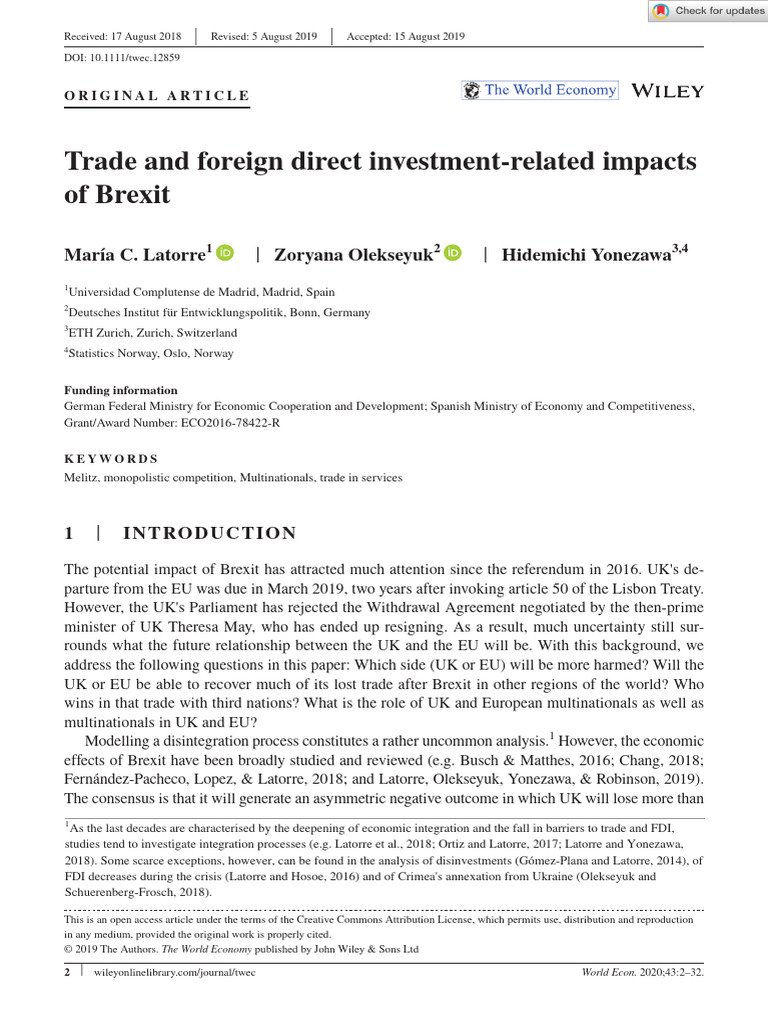 World Economy - 2019 - Latorre - Trade and Foreign Direct Investment ...