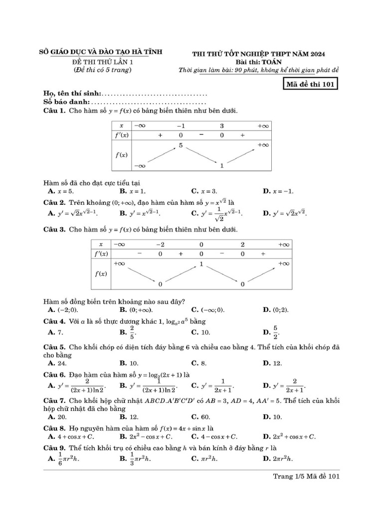 De Thi Thu Tot Nghiep THPT 2024 Mon Toan Lan 1 So GDDT Ha Tinh | PDF