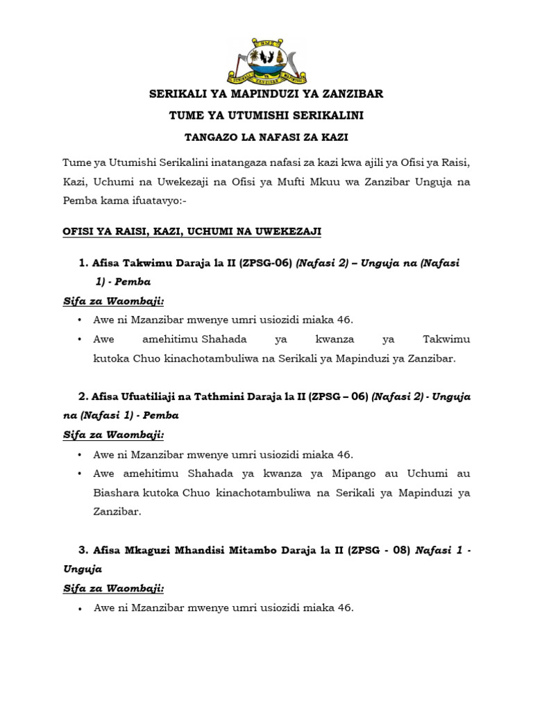Tangazo La Ajira Ofisi Ya Mufti Mkuu Zanzibar Na Afisi Ya Raisi Kazi ...