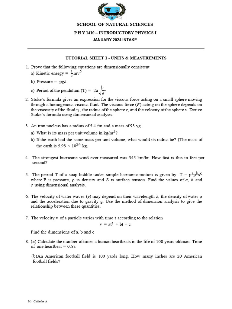 PHY - 1410 - Tutorial Sheet 1 - Physical Quantities & Dimensional ... PHY - 1410 - Tutorial Sheet 1 - Physical Quantities & Dimensional ...
