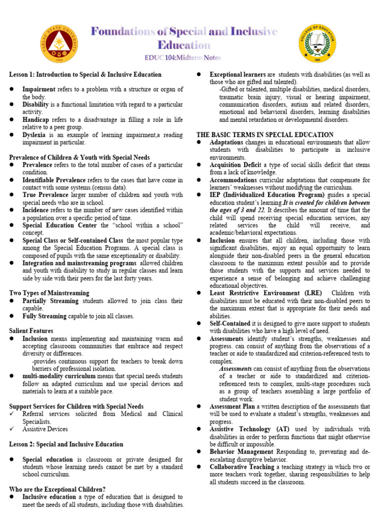Educ 104 Reviewer | PDF | Inclusion (Education) | Special Education