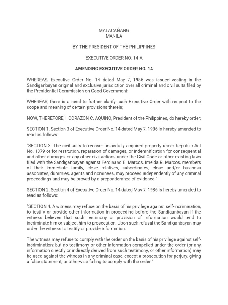 Exec. Orders 1, 2, 14, 14-A - PCGG Cases | PDF | Witness | Testimony