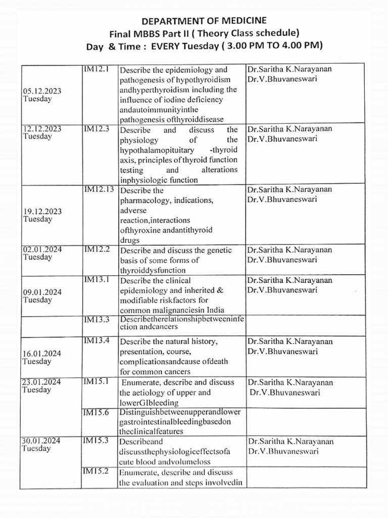 Medicine Theory Schedule | PDF