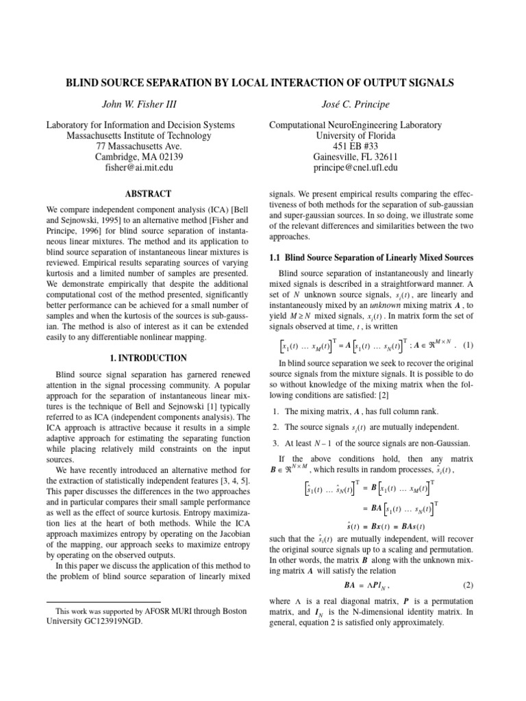 Blind Source Separation By Local Interaction Of Output Signals Pdf Statistics Applied